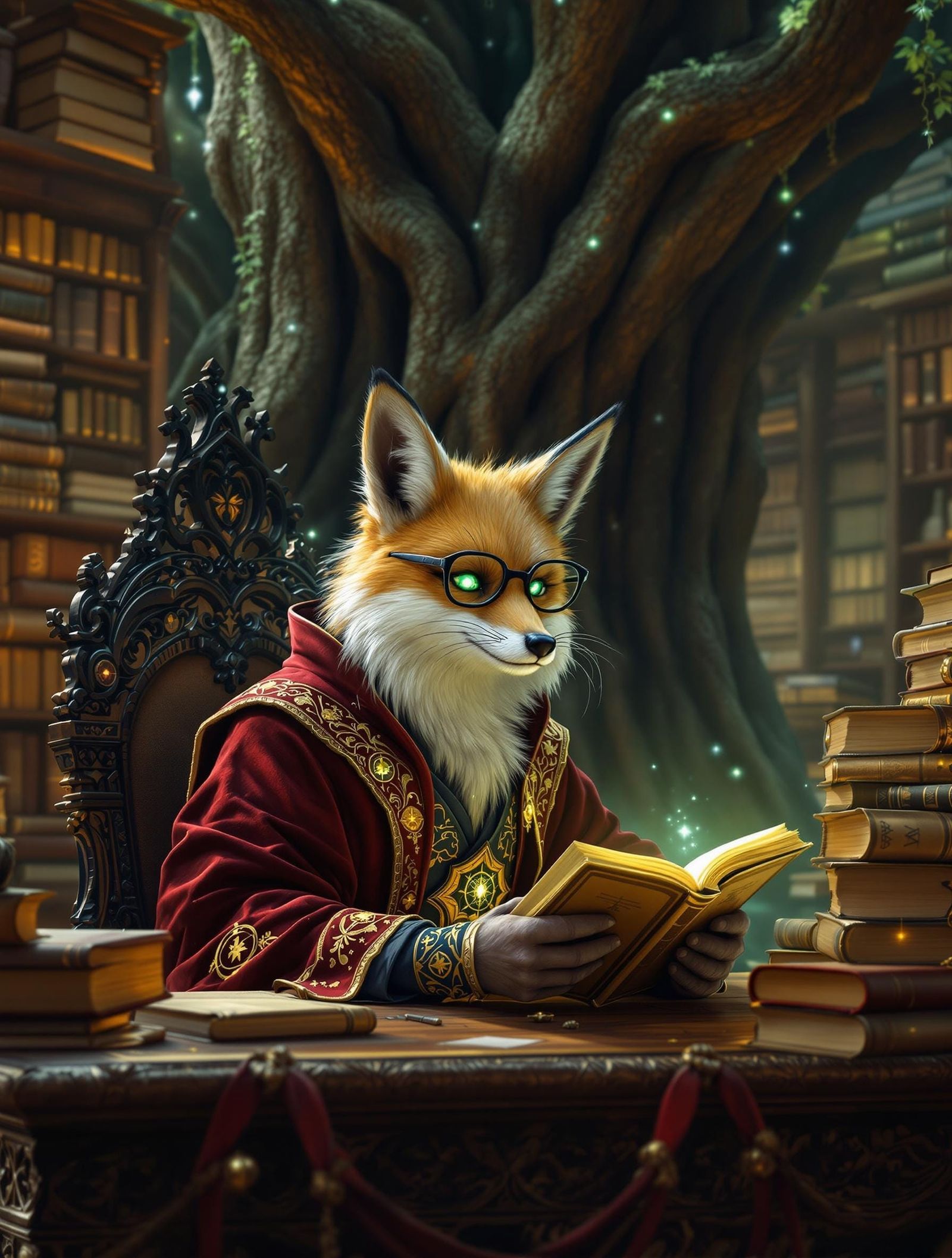 Fantasy animals - Fox Librarian - Enchanted Fox Librarian in...