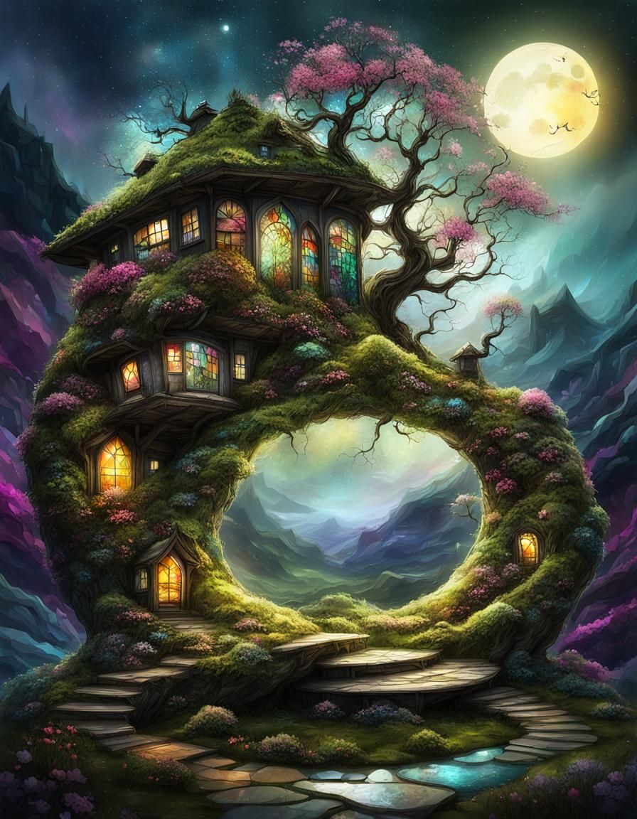 Stained glass mosaic of Fantasycore Houses inside a flowering swirly ...