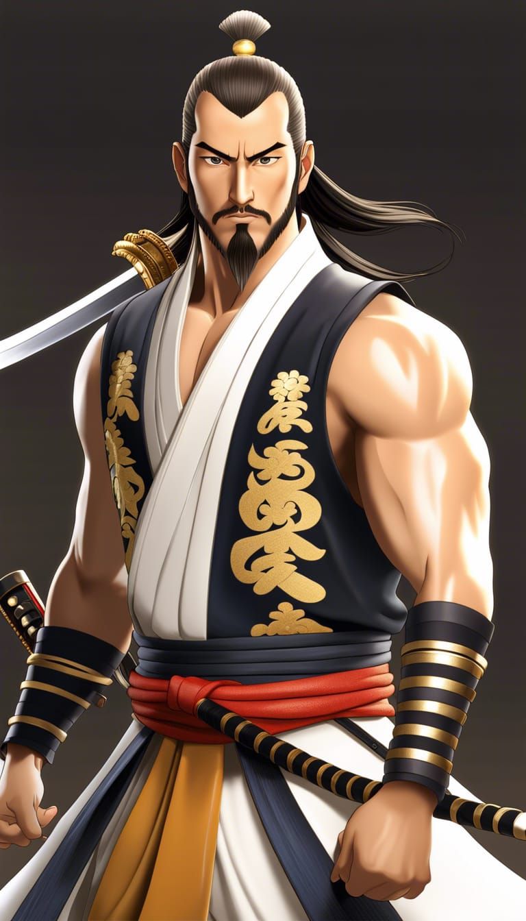 Japanese, samurai chonmage with baldingchasen-magi hairstyle, Bearded ...