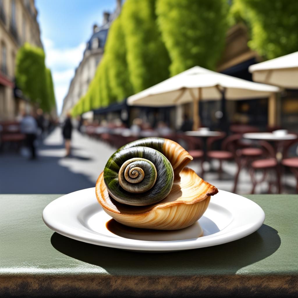 Escargot on a plate in a Paris sidewalk cafe - AI Generated Artwork ...