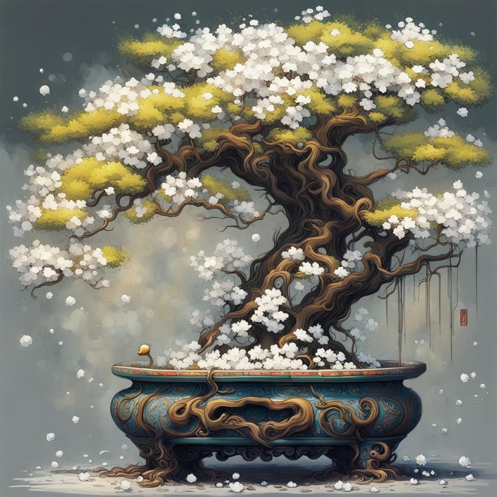 The dwarf Hàn Mai tree, adorned with numerous white blossoms, features ...