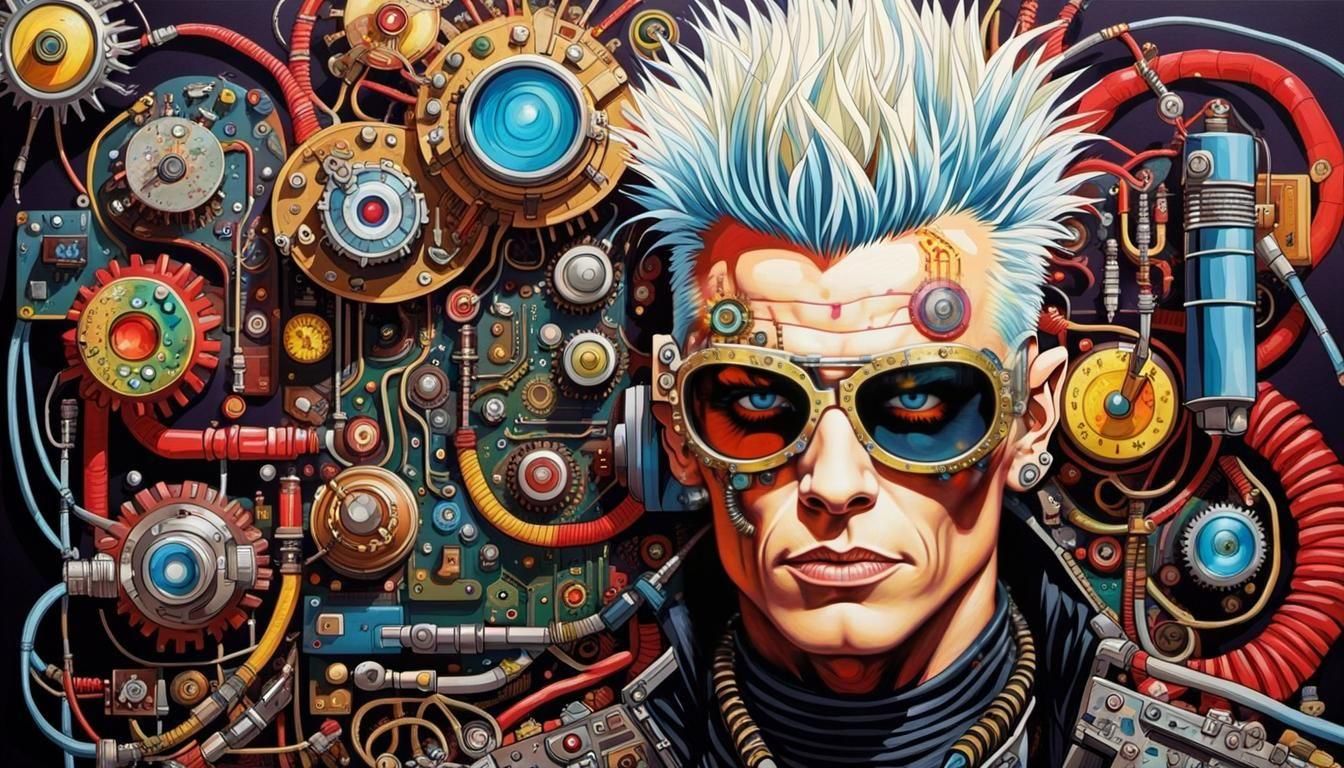 SINGER billy idol as cyborg man, steam punk style, wearing goggles ...