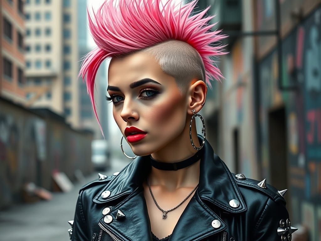 Punk Rock Goddess with Pink Mohawk and Piercings i... - AI Art