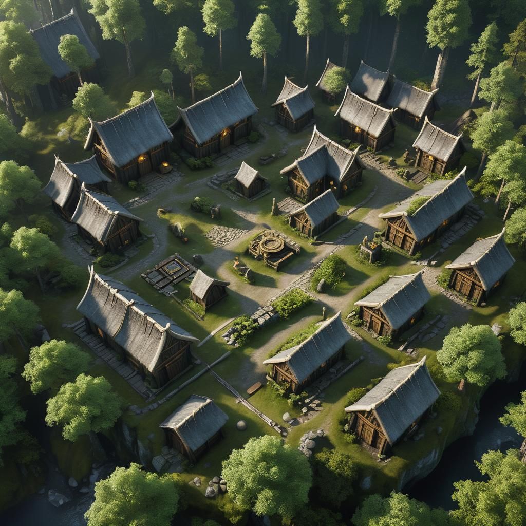 A wood-elf city in the middle of a forest. Elven runes and stones for ...