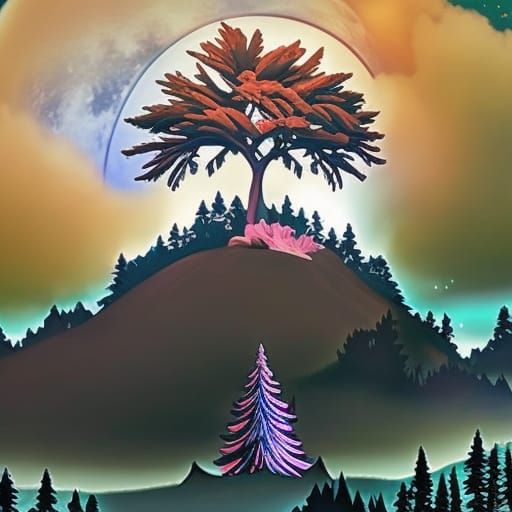 the shot of the moon rising behind a hill with a pink tree on top ... the shot of the moon rising behind a hill with a pink tree on top ...