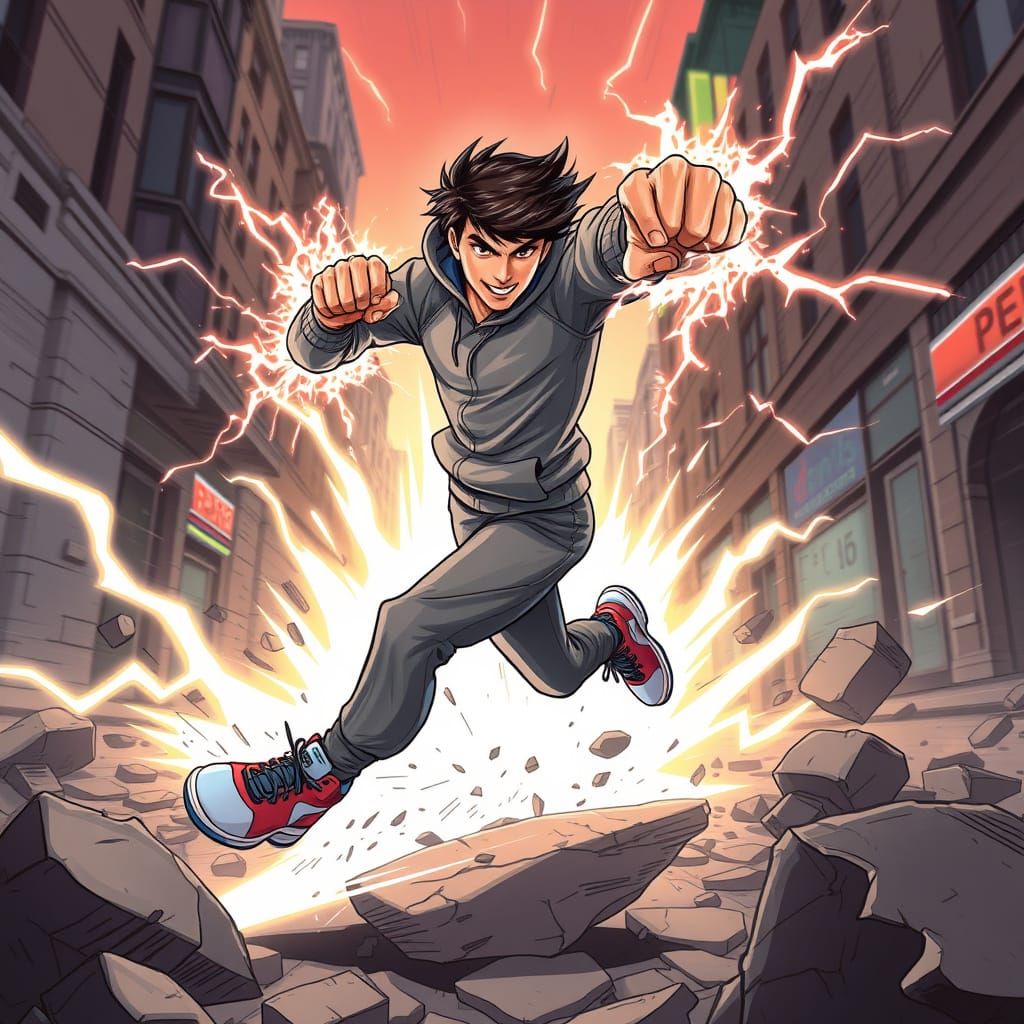 Marvel-Style Kinetic Kid Leaps into Action - AI Art