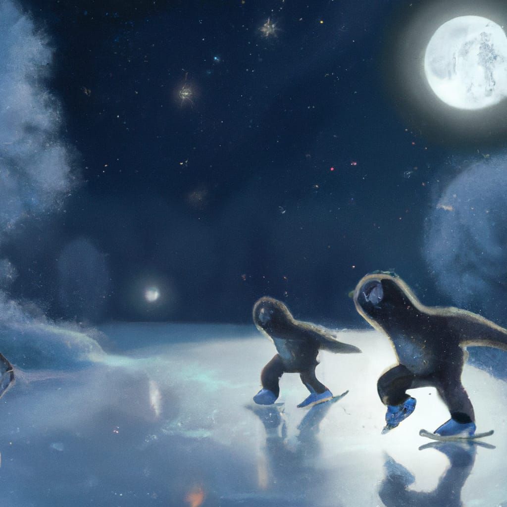 anthropomorphic sloths figure ice skating out on a frozen pond with ...