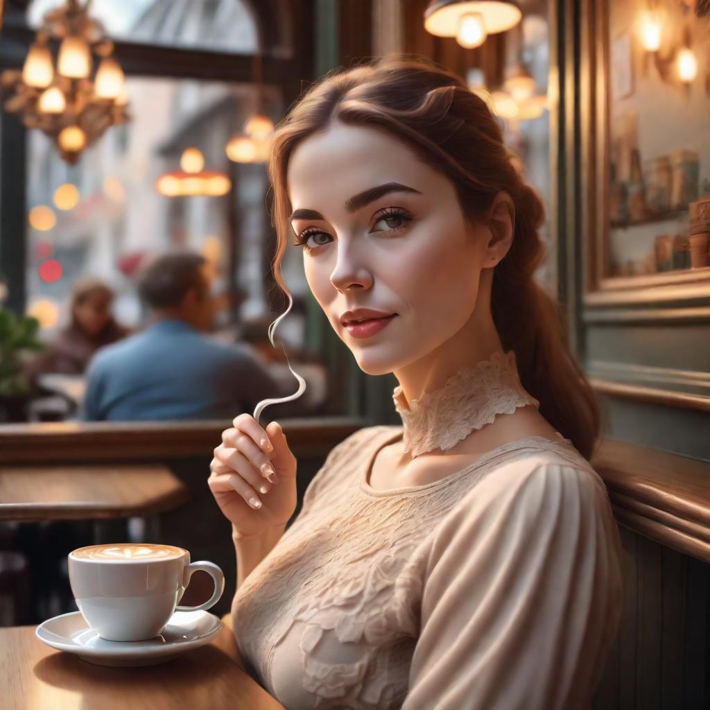 3D Alluring woman enjoying coffee at a quaint café, her expression ...