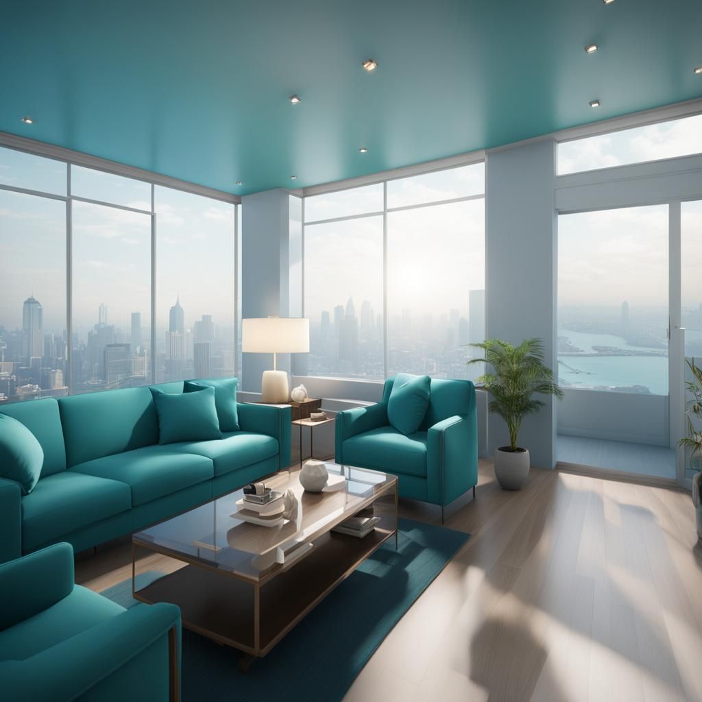 Beautiful high-rise penthouse with light blue walls and Beautiful light ...