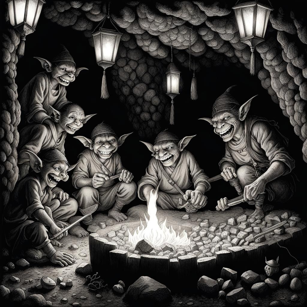 Goblins having a laugh as they make tools in their cave workshop - AI ...