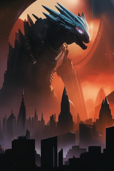 massive,ancient mech towering over sprawling metropolis,casting long ...