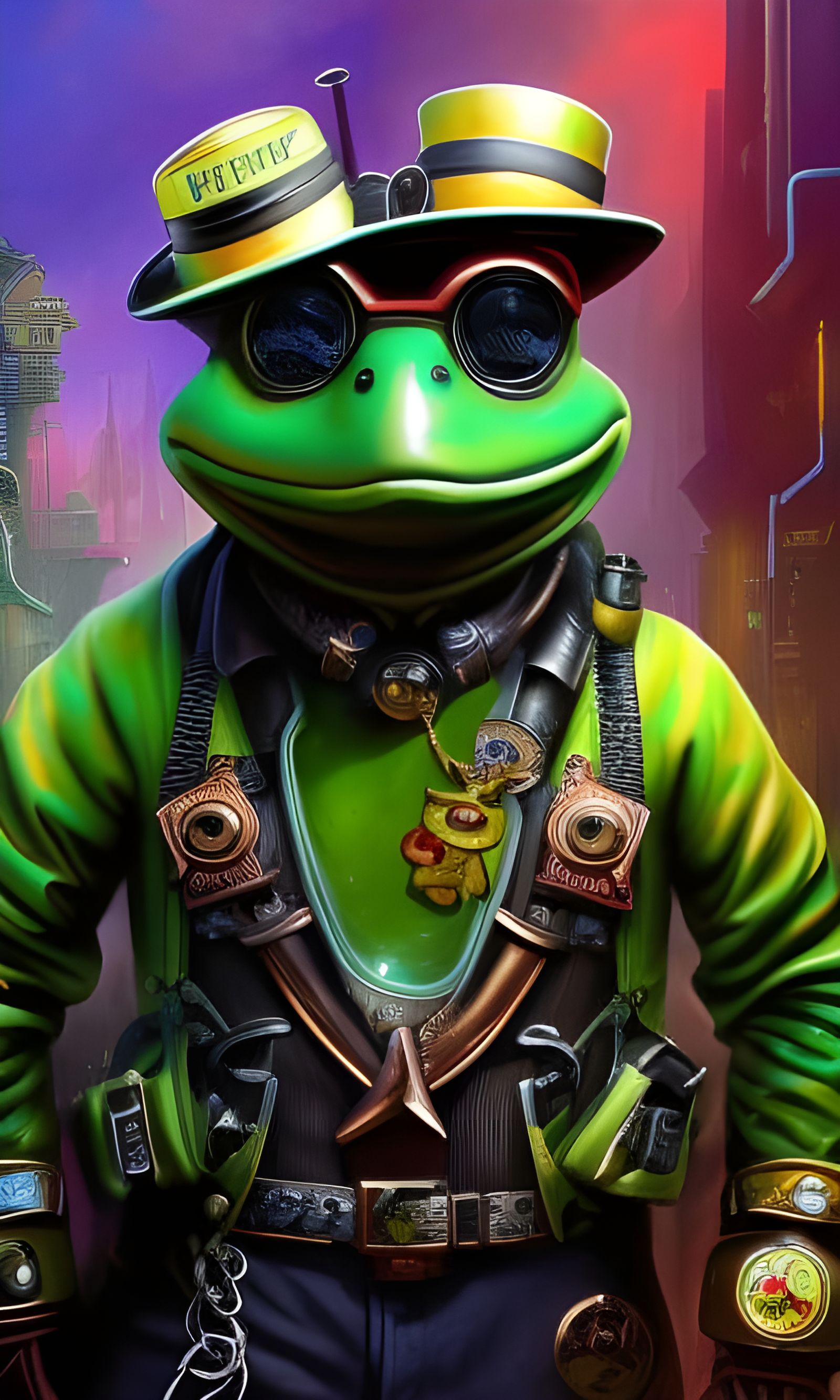 Frog fireman , Anthropomorphic cute cyberpunk synth wave frog’ happy ...