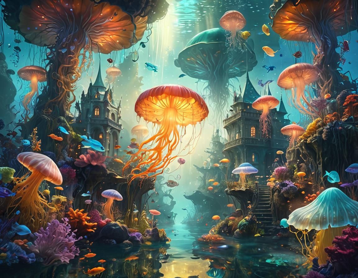 epic artwork of a fairy kingdom in a mystical underwater world, lively ...