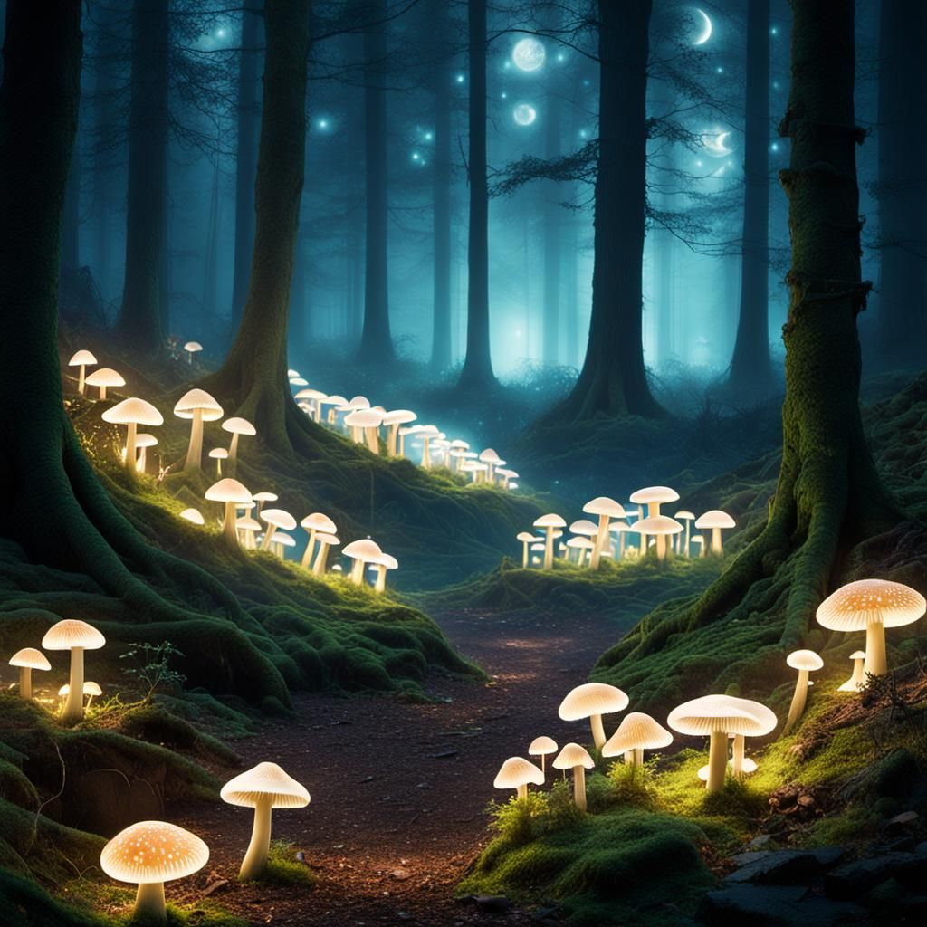 "A mystical fairy circle in a forest clearing, with luminescent ...