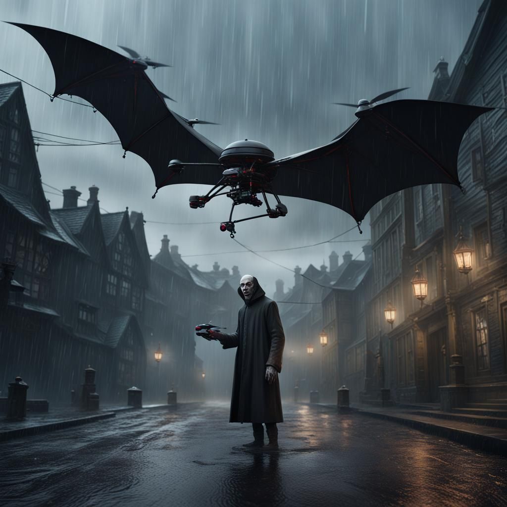Nosferatu flying a drone in the rain - AI Generated Artwork - NightCafe ...