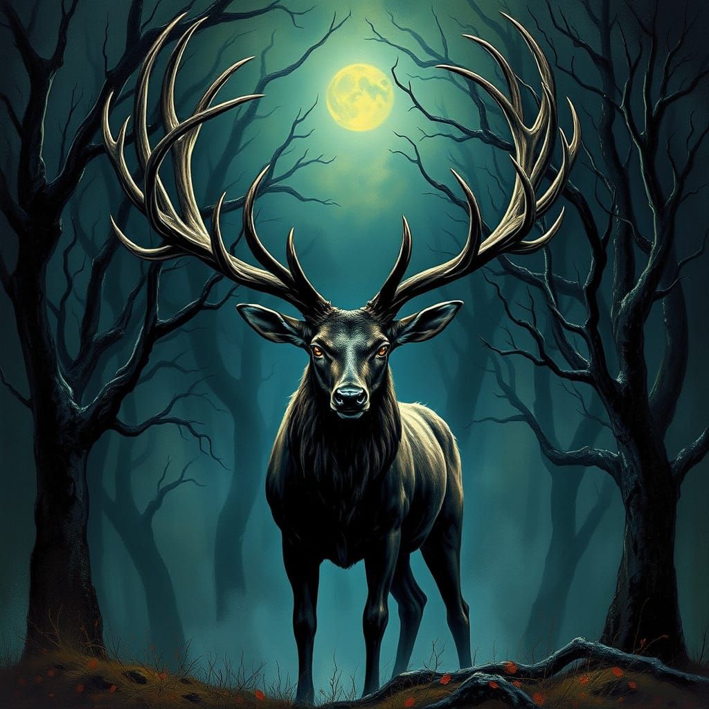 Ethereal Stag Devoured by Shadows in Dark Impressi... - AI Art