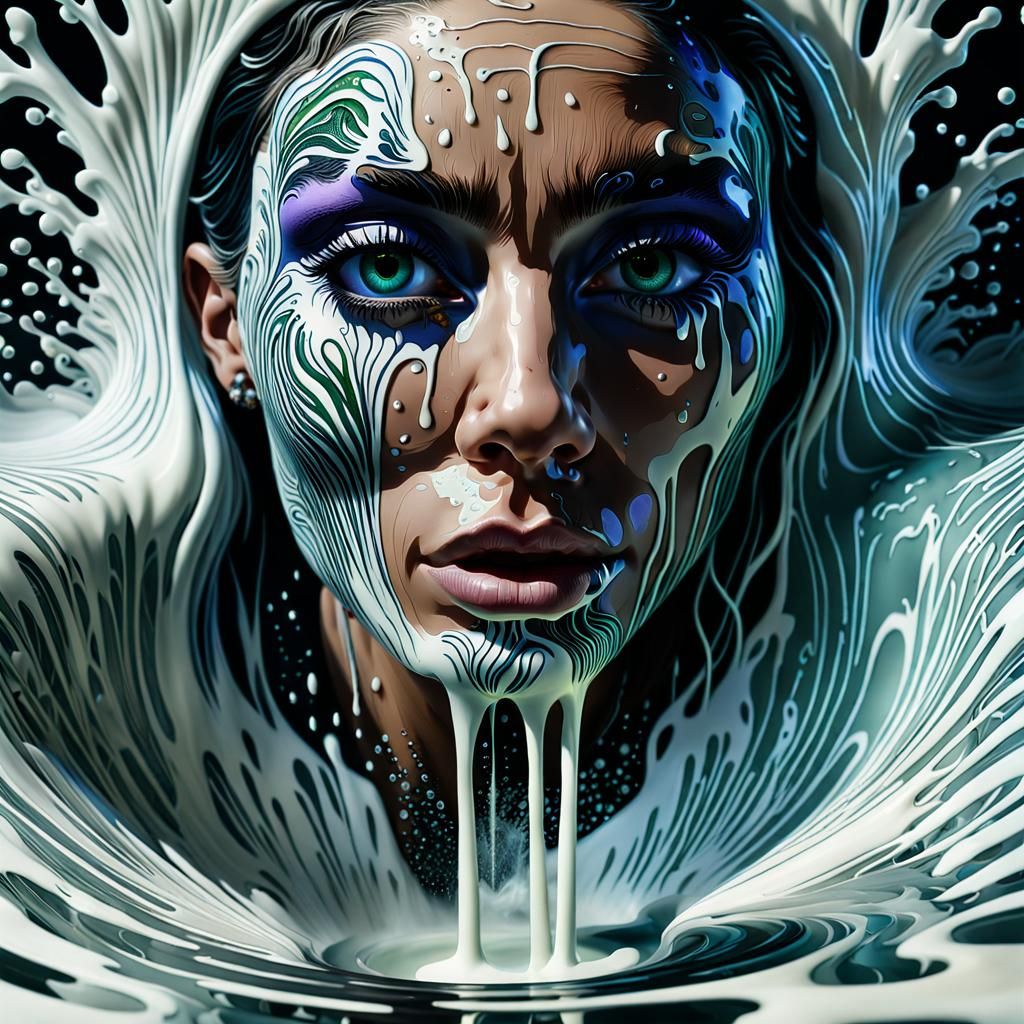 large crying eye creating a waterfall of milk, virus, detailed woman ...