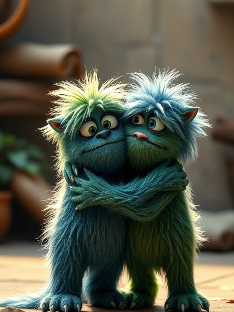 a couple of green and blue monsters hugging
