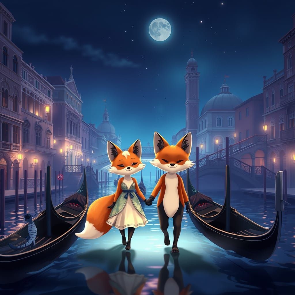 cartoon fox couple nighttime Venice water gondolas mysterious exotic ...