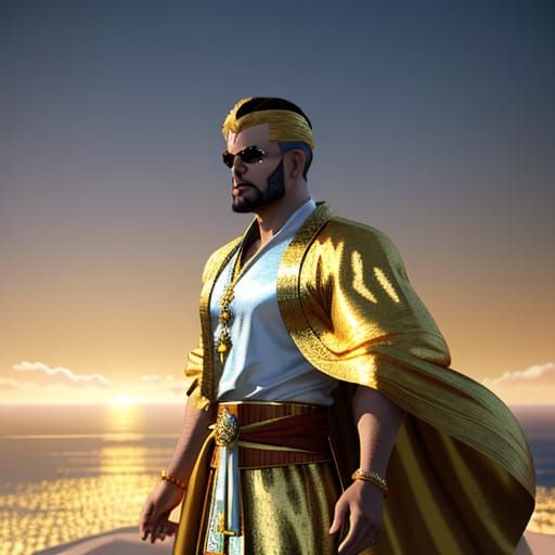 Regal Arab Prince Sinbad at Twilight on Majestic C... - AI Art