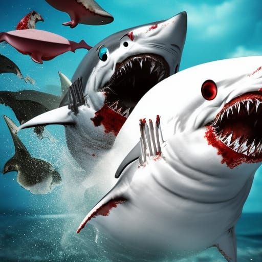 Bloody seagull/shark beings, jaws, horror, feasting on prey, humans ...