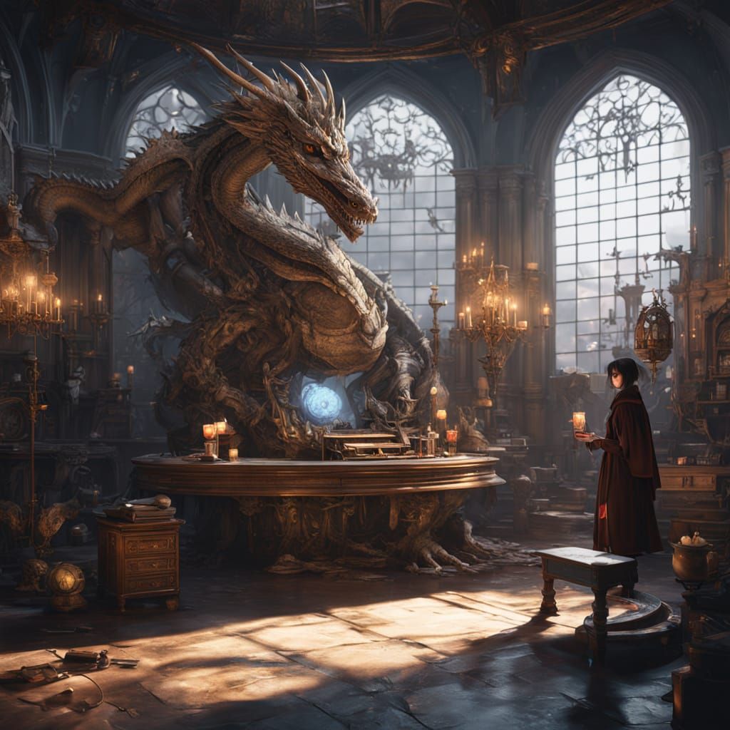 Gothic Alchemist Lady Meets Majestic Dragon in Rui... - AI Art