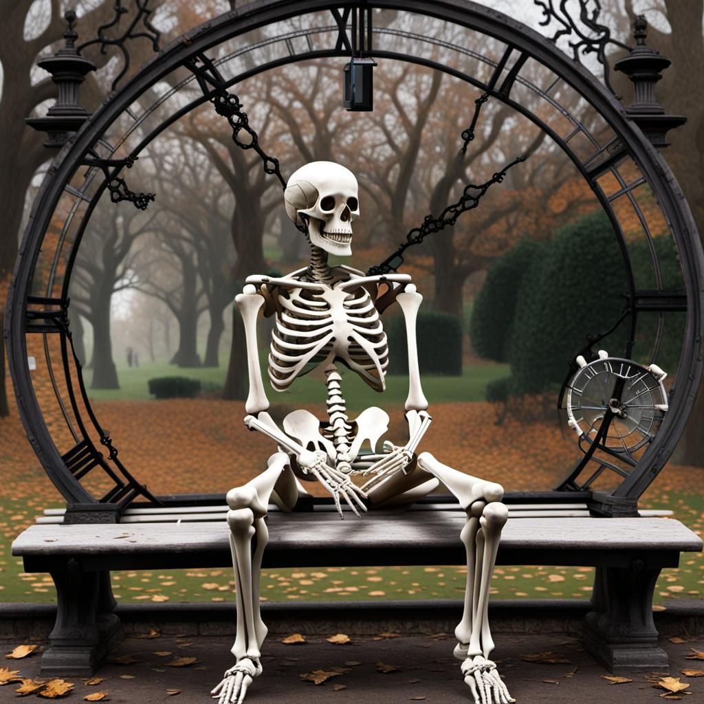 A skeleton sits on a park bench and cobwebs over him, with a large ...