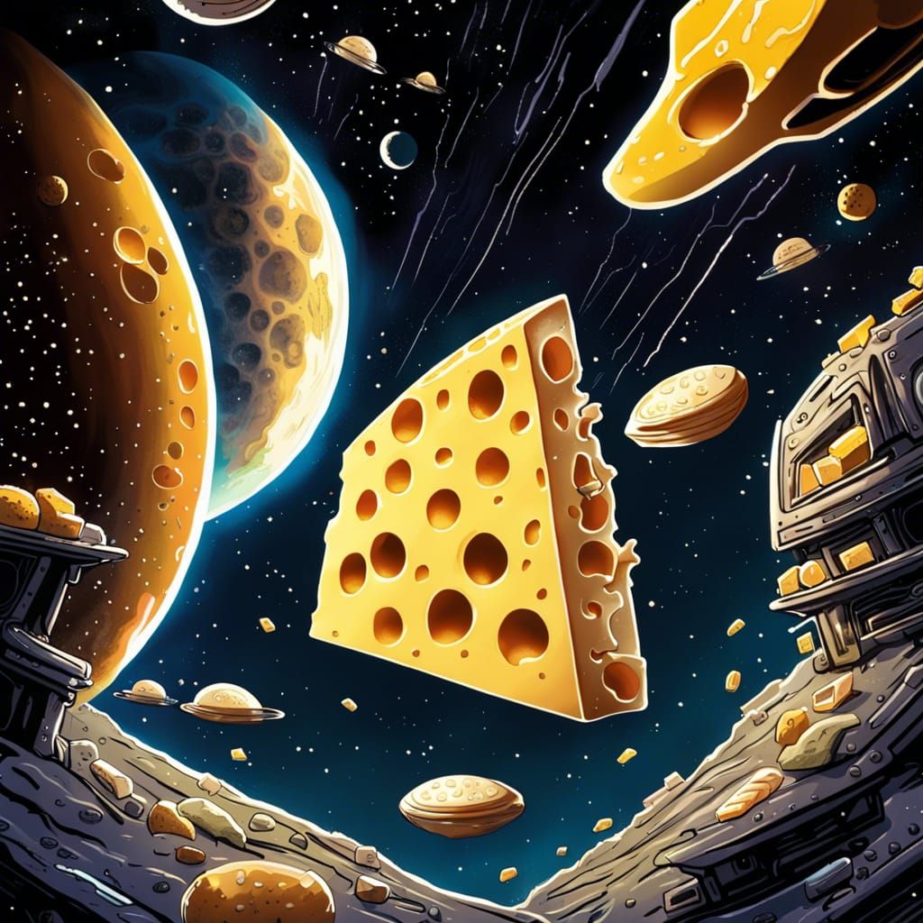 A spaceship made of cheese in a space with planet made of cheese ...
