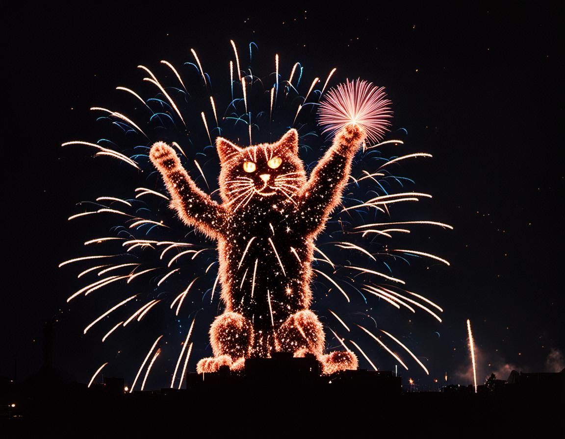 Firework cat - Spectacular Fireworks Display: Cat in the Sky
