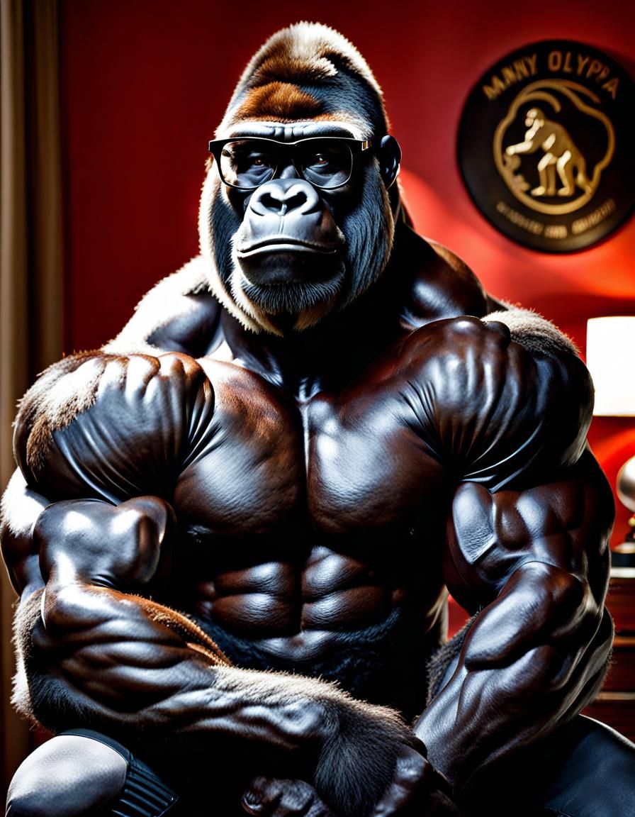 thigh up, Silverback Gorilla bodybuilder. Manly smile, Round glasses ...