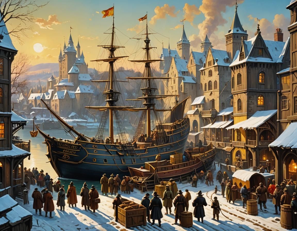 Medieval Fantasy Merchant Ship in Vibrant Oil Pain... - AI Art