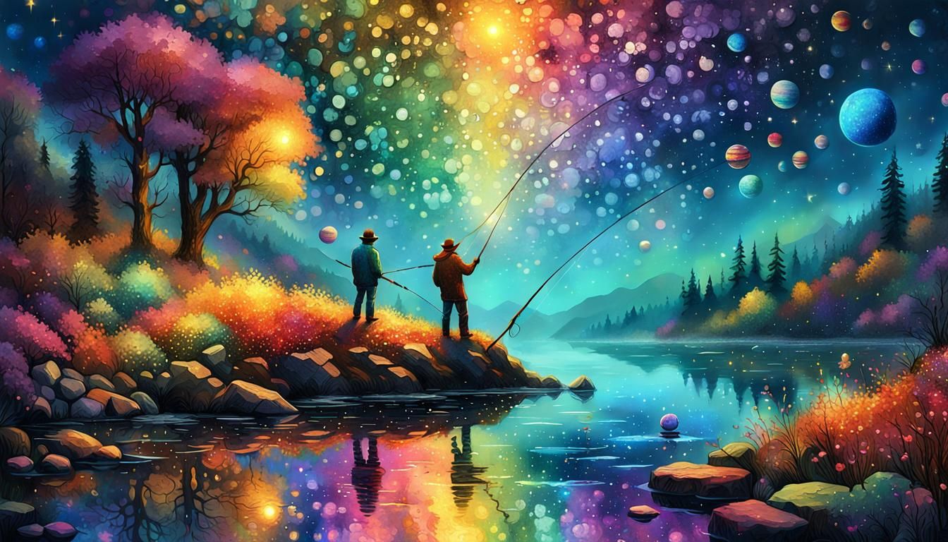 fishing in a flowing glitter rainbow lake with glitter stars, moons and ...