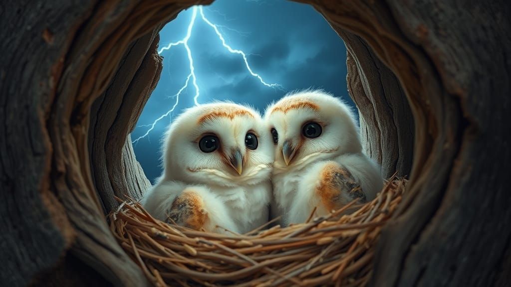 Two fluffy frightened baby barn owls huddle up together inside a hollow ...