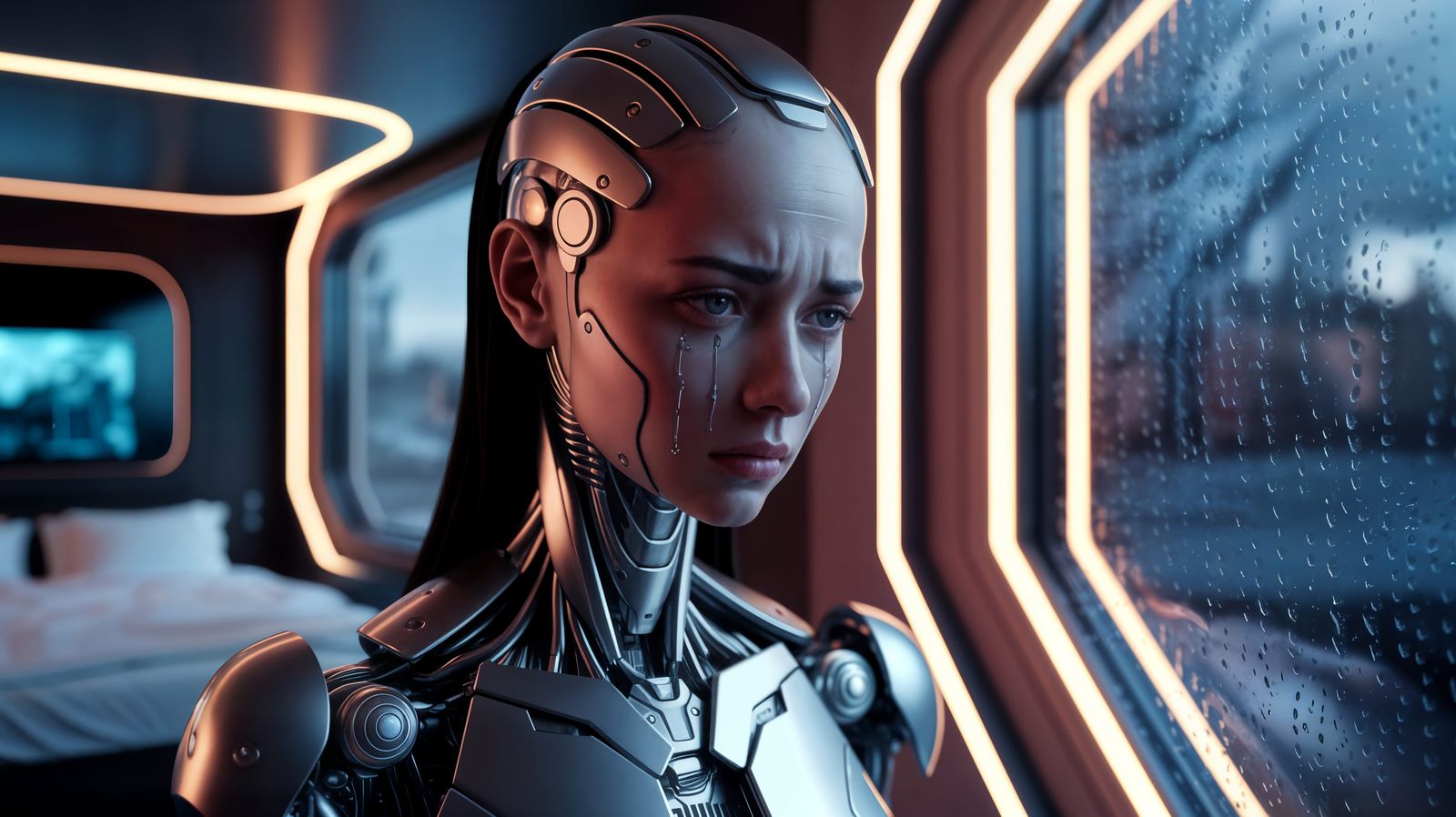 Cryborg - Cyborg Woman in Rainy Futuristic Bedroom