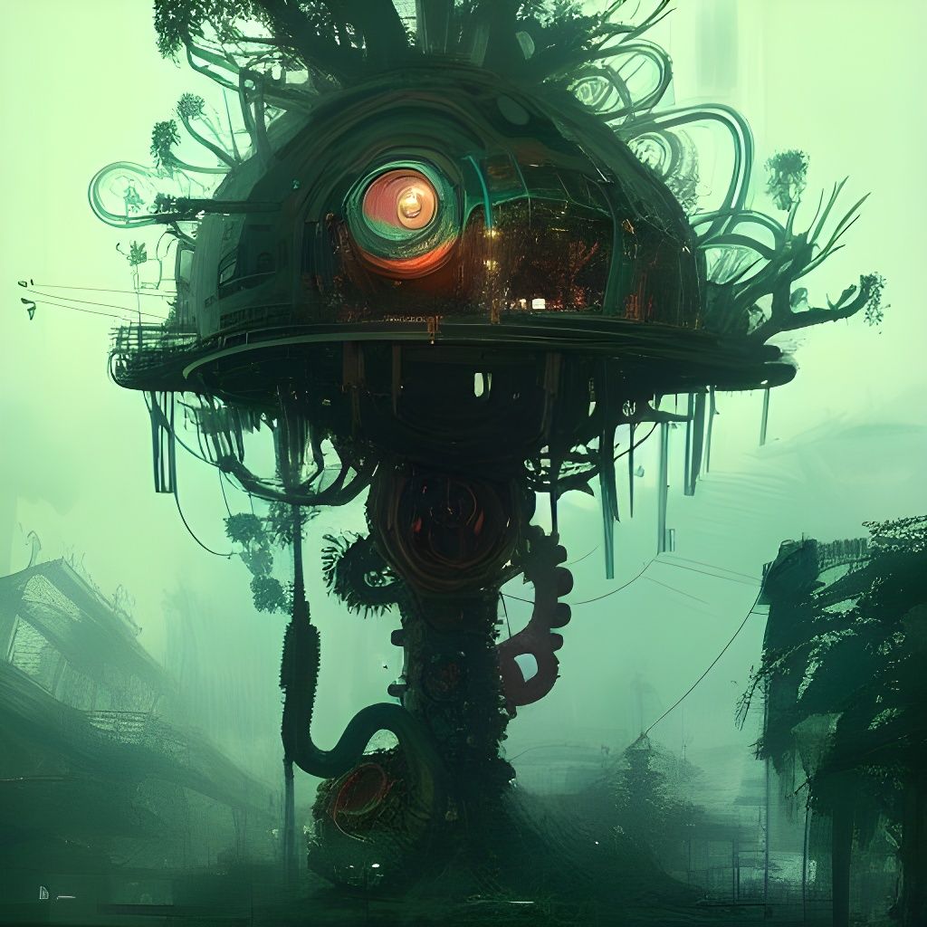 biopunk futuristic wooden tree house running on tentacle feet, an ...
