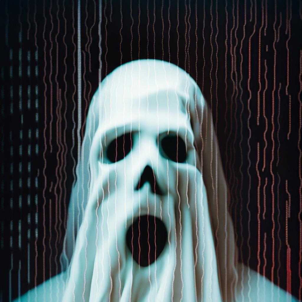 Ghost emerging from computer screen, glitches white noise code Kodak ...