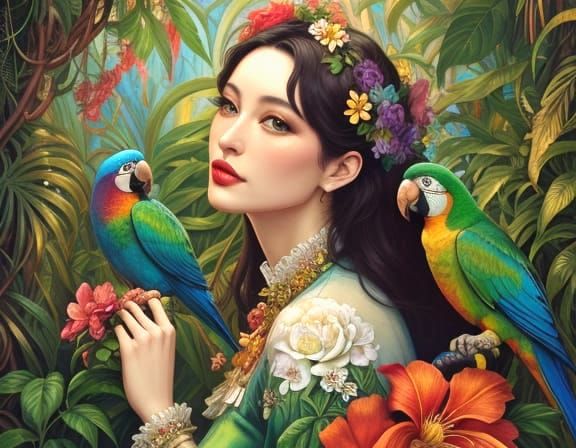 Lady With Parrots. - Lady in Vibrant Art Nouveau Garden with...
