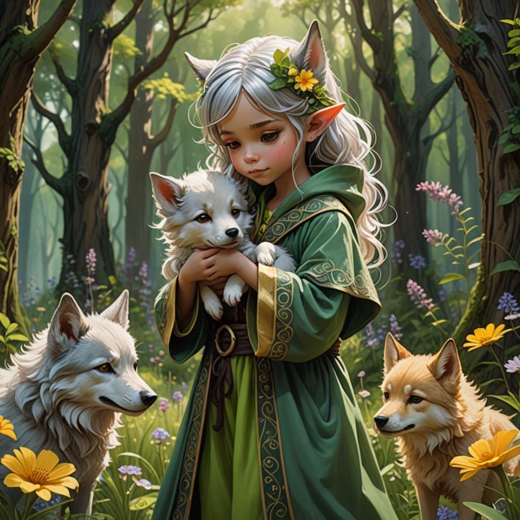 Little elven girl holding her wolf cub, while the cub’s parents look on
