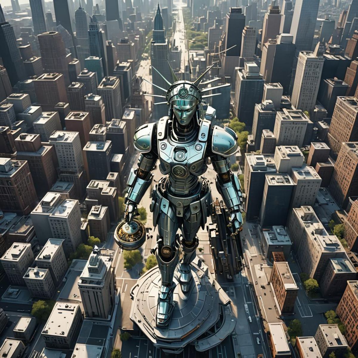 Robotic Statue of the liberty walking in New York city In a low-angle ...