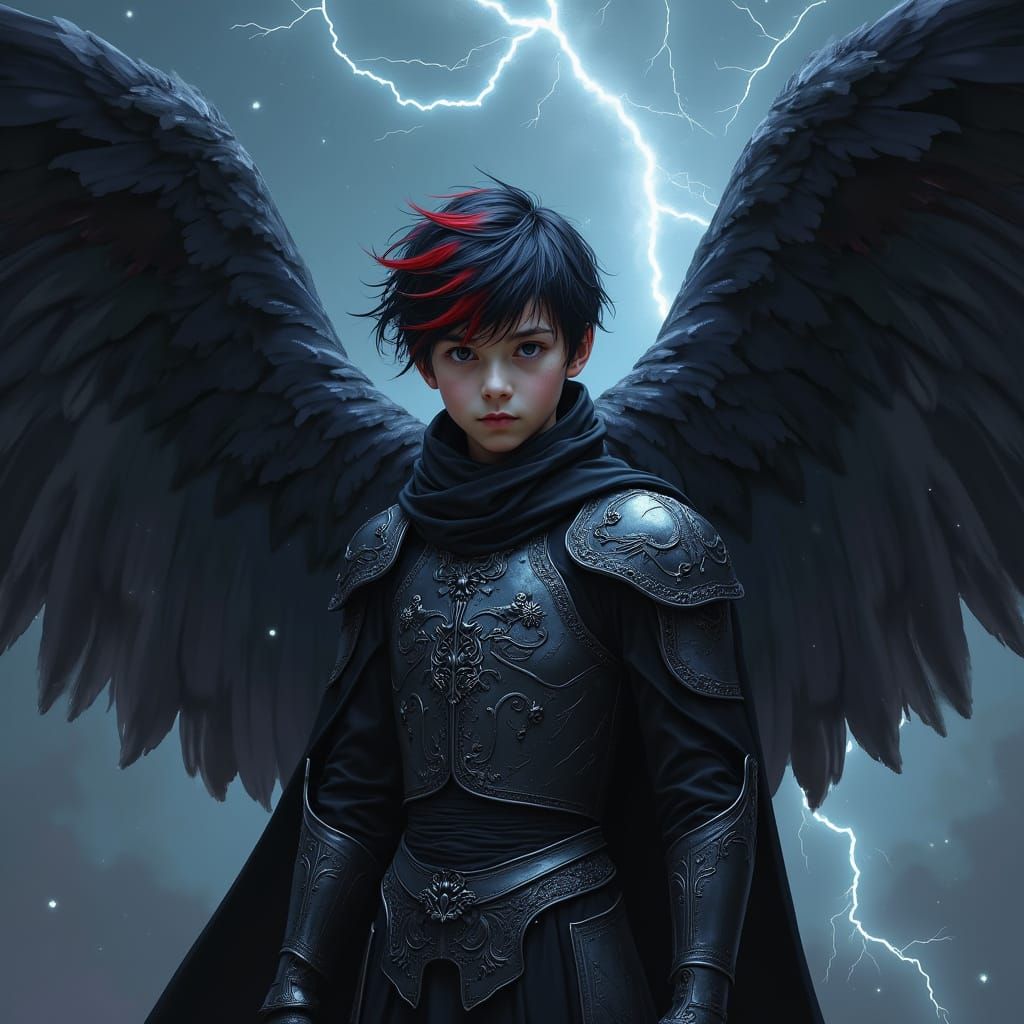 Ethereal Boy Angel Transforms into Cosmic Raven in... - AI Art