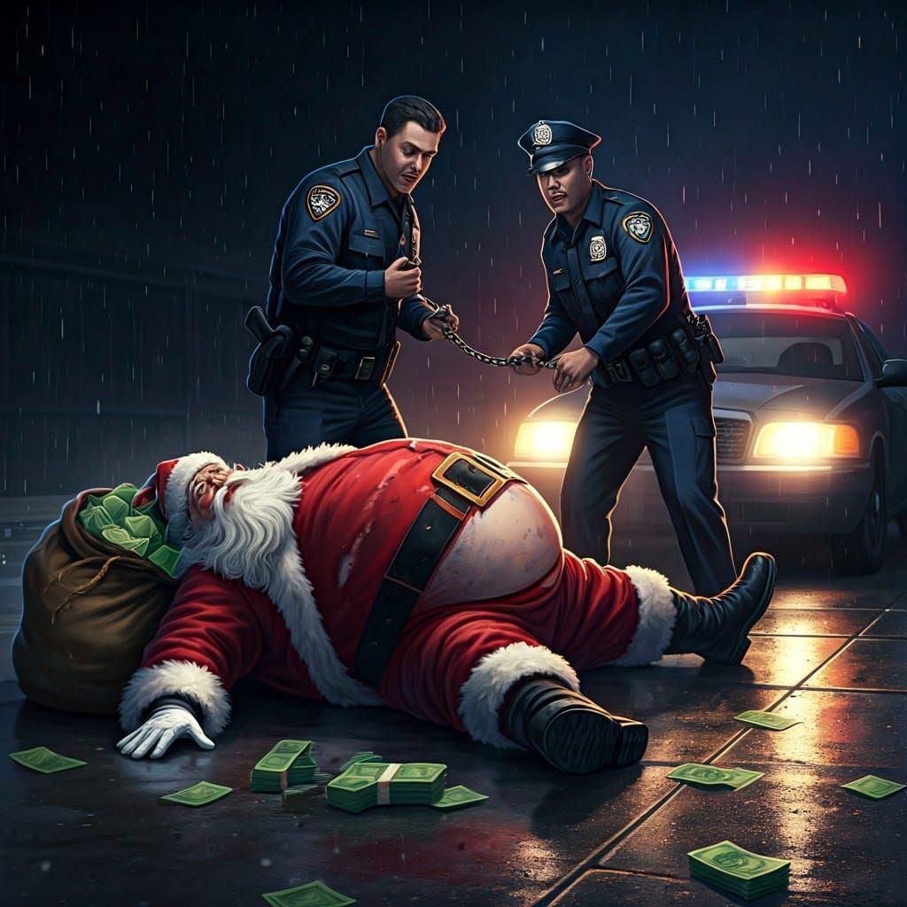 Busted - Santa Claus in Handcuffs, Surrounded by Police on a...