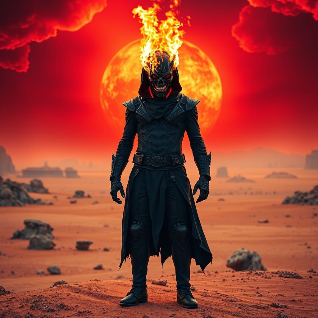 Epic Desert Rider in Fiery, Blood-Red Skies - AI Art