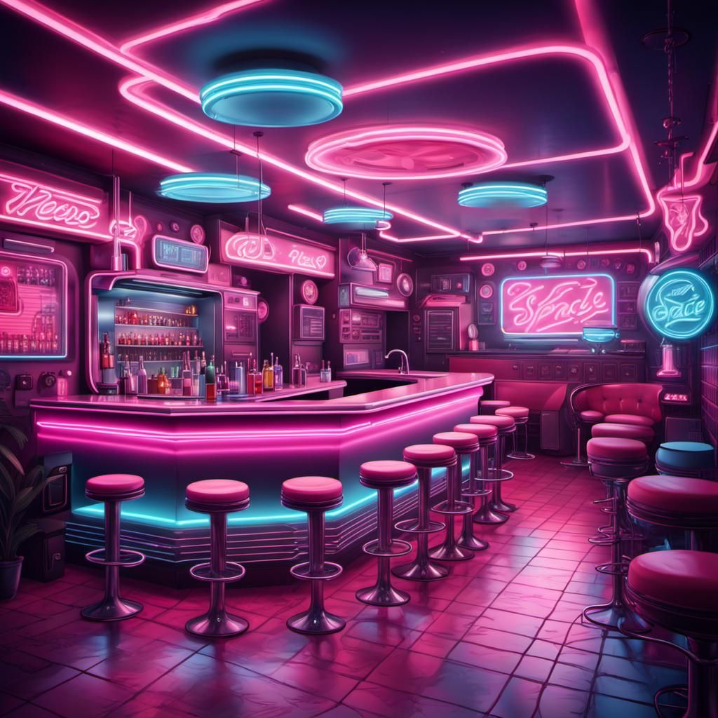 Neon space retro bar with pinup fifties style realistic hyperdetailed ...