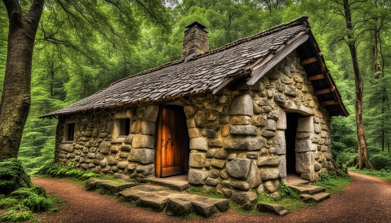 In the middle of a dense forest, a rustic stone cottage exudes an ...