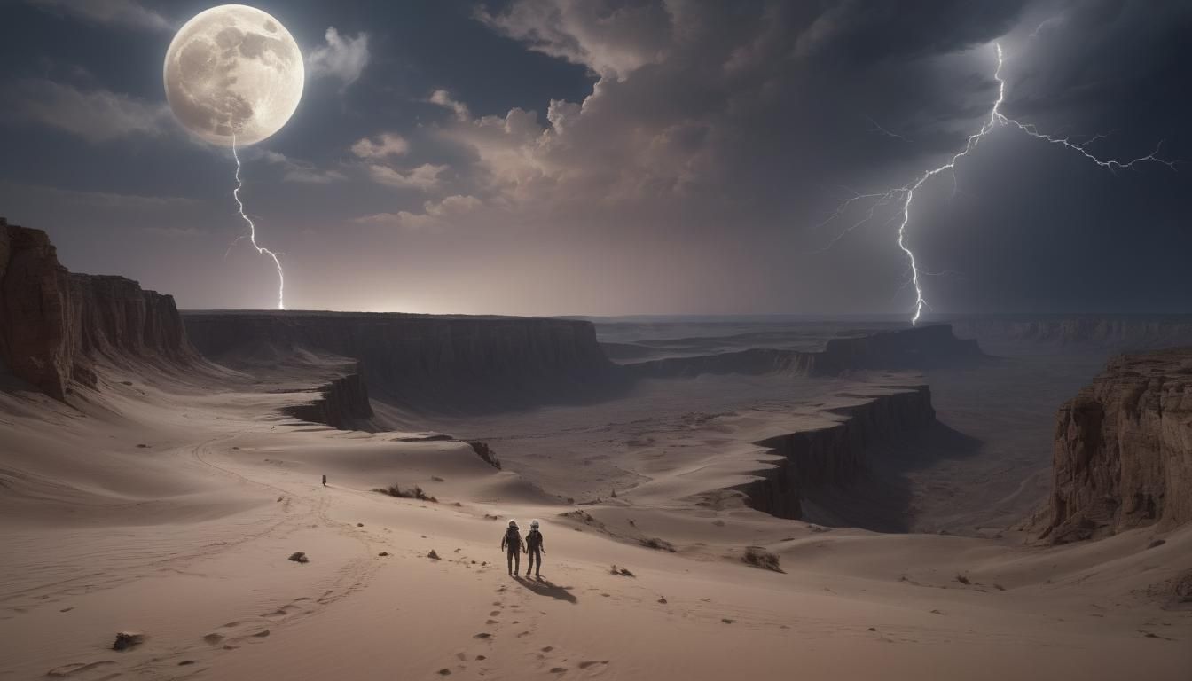 a Vast desert, a large Chasm, with some people climbing out of it - AI ...