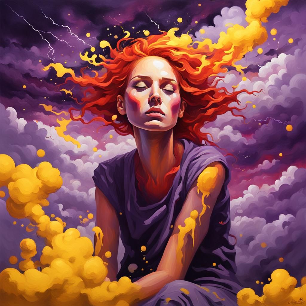 Vibrant painting of a beautiful red-haired woman resting in the clouds. - AI Generated Artwork ...