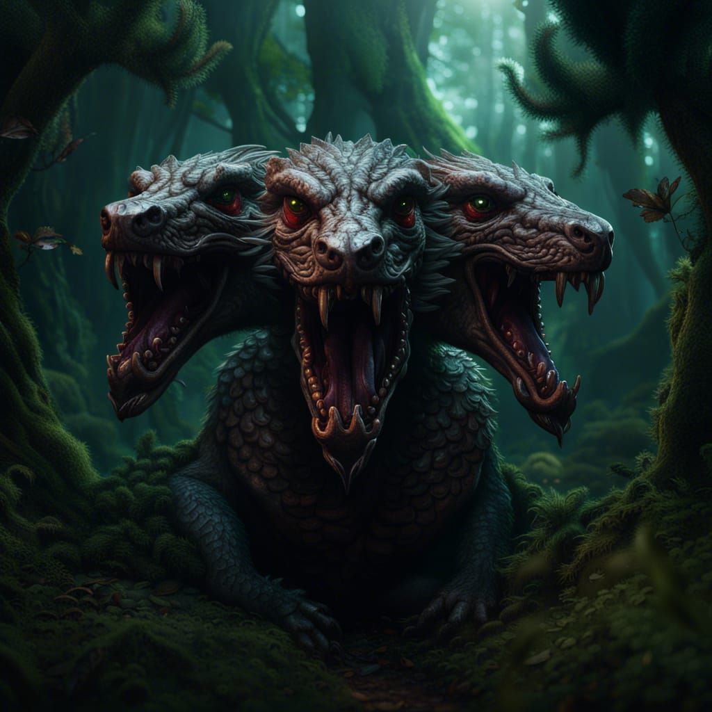 3-headed hydra in the forest, dog's head, fur, fearsome - AI Generated ...