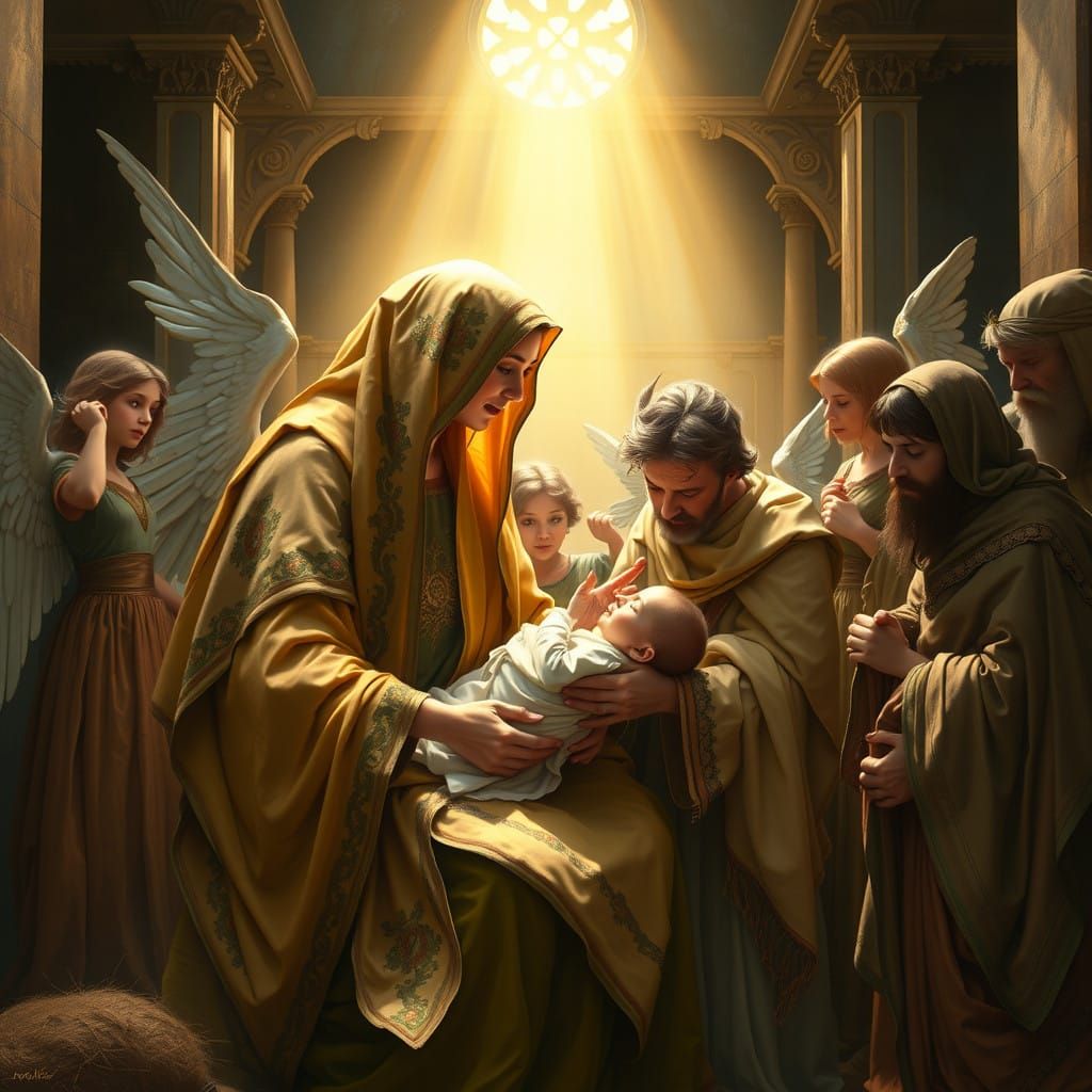 Majestic depiction of the Nativity scene in a grand, opulent style ...