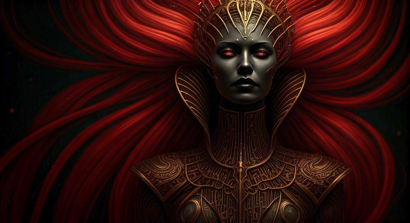 Regal Alien in Gold Trimmed Black Gown with Crimso... - AI Art