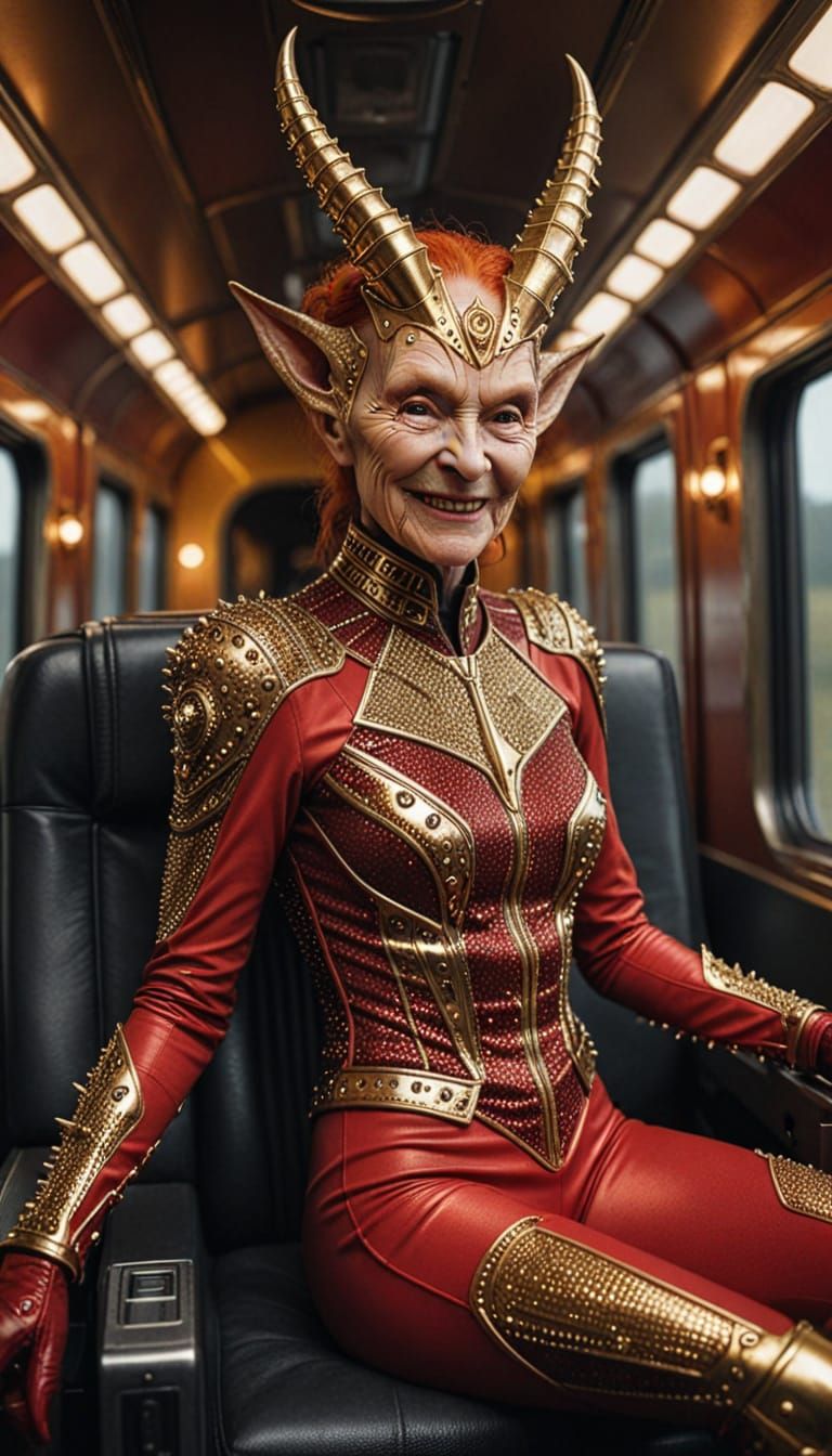 Happy evil elf enjoying her train ride